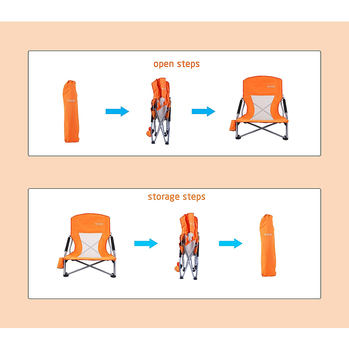 Folding Camping Table Adjustable Card Table 24'' x 16'' (L x W) + Beach Chair with Umbrella for Adults 1-Pack Orange
