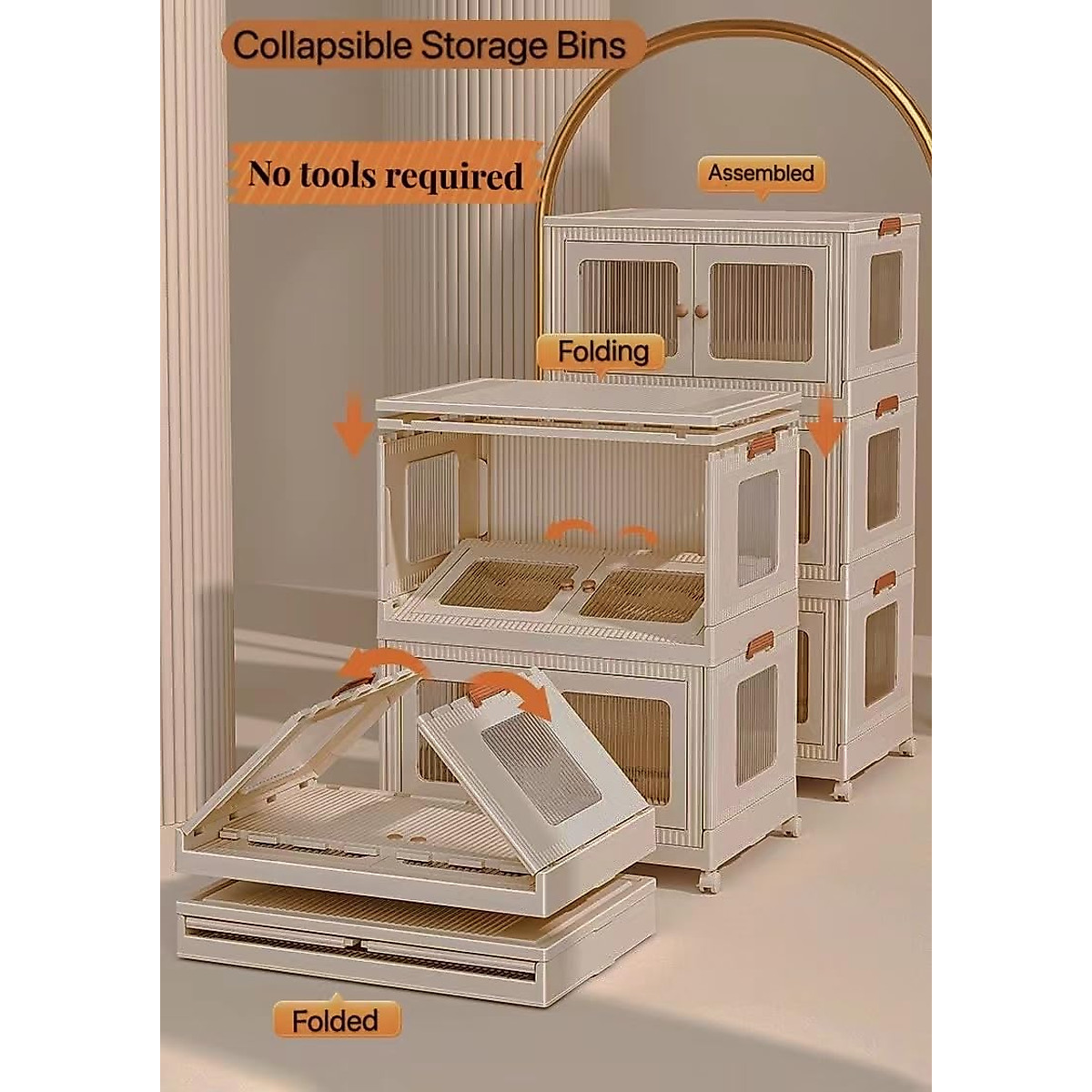 Storage Bins,Plastic Storage Containers with Lids, 8.55Gal Foldable Storage Cabinet, 34QT Collapsible Storage Bins with Doors, Clear Storage Box for Toy, Stackable Storage Bin with Wheels(3 Pack)