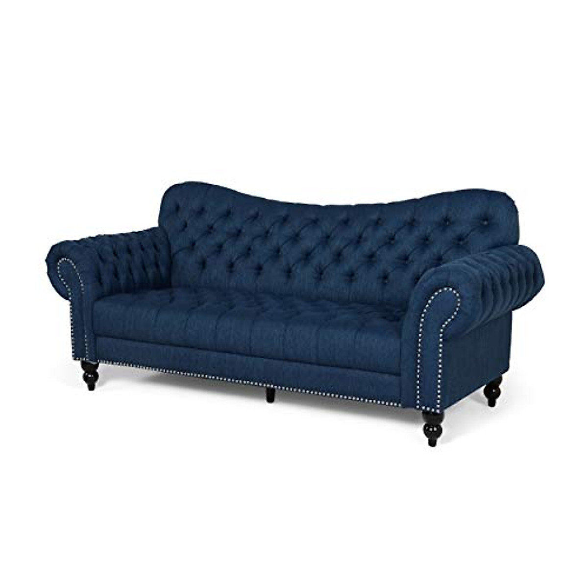 Christopher Knight Home Nathan Chesterfield Button Tufted Fabric 3 Seater Sofa, Navy Blue, Dark Brown