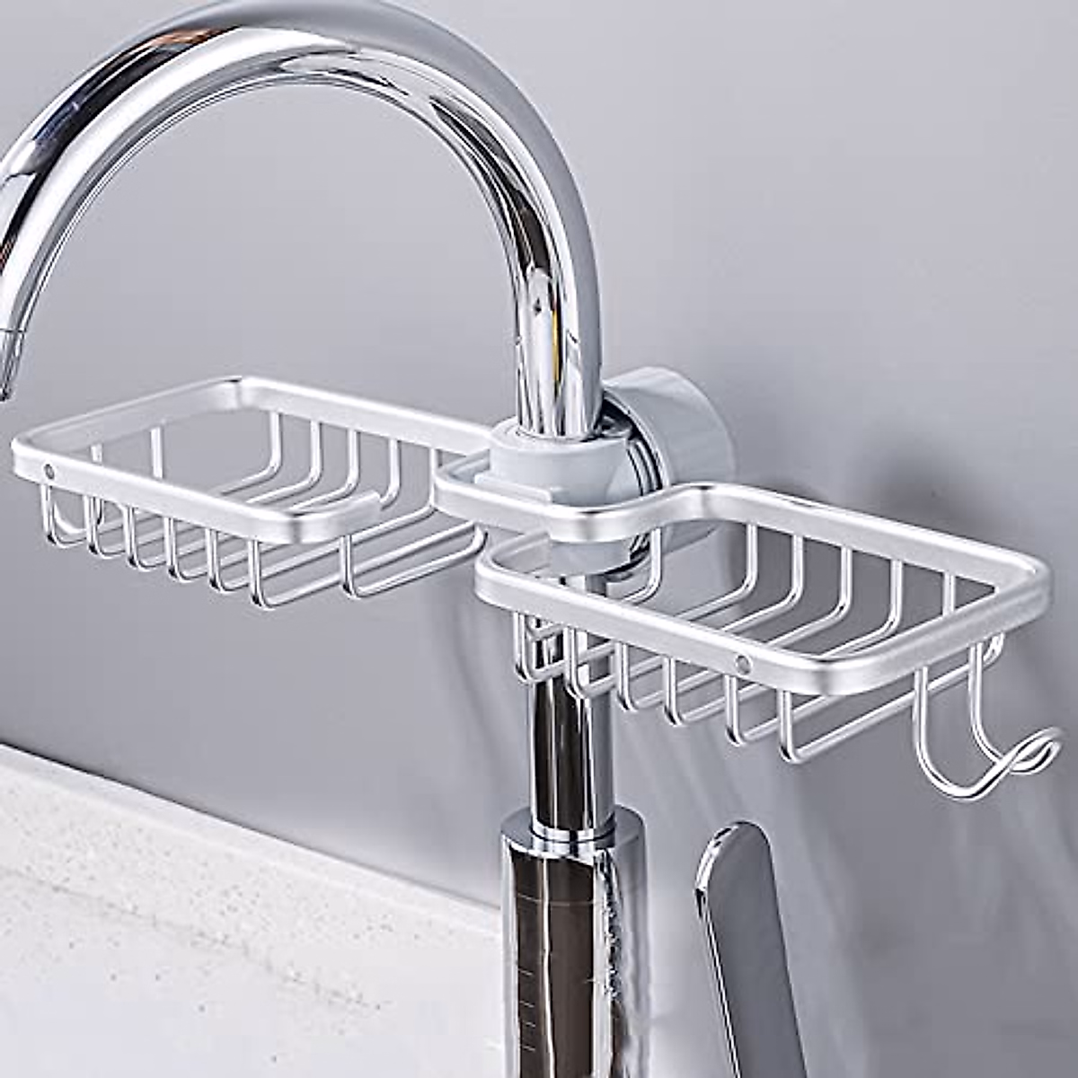 Faucet Sponge Double Holder, Sink Caddy Stainless Steel Faucet Drainage Shelf for Kitchen Sink, Shower Caddy Hanging Bath Shelf Organizer Basket, With Hook Drain Shelf (Black)