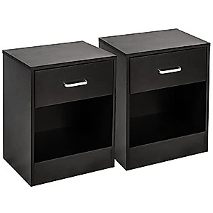 Set of 2 Nightstands with Storage Drawer, Modern End Side Table with Storage Shelves, Small Bedside Table Nightstand Storage Cabinet for Bedroom, Accent Funiture Sofa Side Table for Small Space, Black