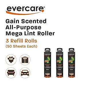 Evercare 10” Mega All-Purpose Pet Hair Lint Roller Refills, 3 Pack, 50 Sheets Each, Gain Scented – Sticky Roller for Pet Hair, Cat & Dog Hair Remover, Lint Remover for Furniture, Clothing & Cars