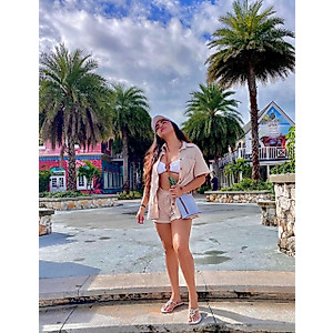 QIBABU Women's Linen Shorts Sets 2 Piece Summer Short Sleeve Top and Shorts Sweatsuit Set Vacation Beach Outfits(1521-Apricot-L-QB)