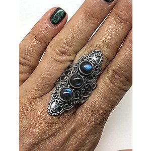Koral Jewelry Labradorite 3 Stones Ethnic Vintge Gipsy Multi Stone Ring 925 Sterling Silver Vintage Tribal Gipsy Boho Chic (10)