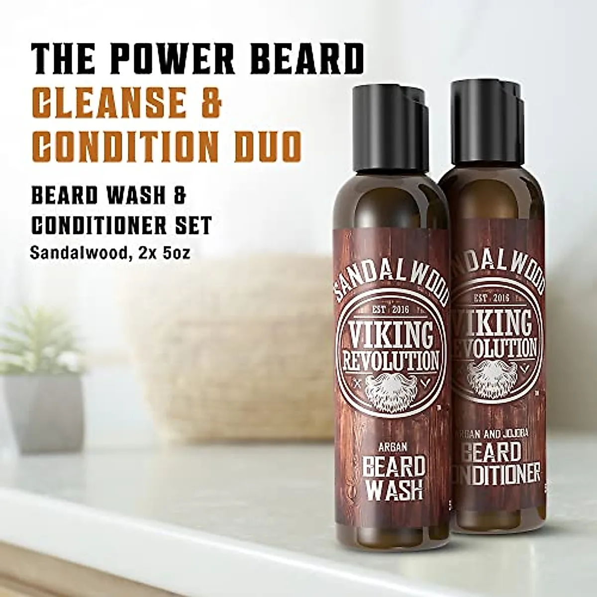 Beard Wash & Beard Conditioner Set w/Argan & Jojoba Oils - Softens & Strengthens - Natural Sandalwood Scent - Beard Shampoo w/Beard Oil (5oz)