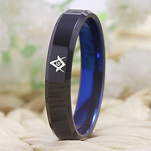Masonic Freemason Ring/Masonic Compass Square Ring - 4mm/6mm Black Bevel Polished Finished and Blue Inside Tungsten Carbide Ring-Free Customized Engraving (4mm Width, 11)
