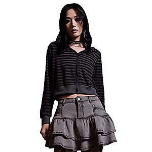 Verdusa Women's Punk Rock Striped Print Zip Up Cropped Hoodie Sweatshirt Shirt Y2K Top Multicolor L