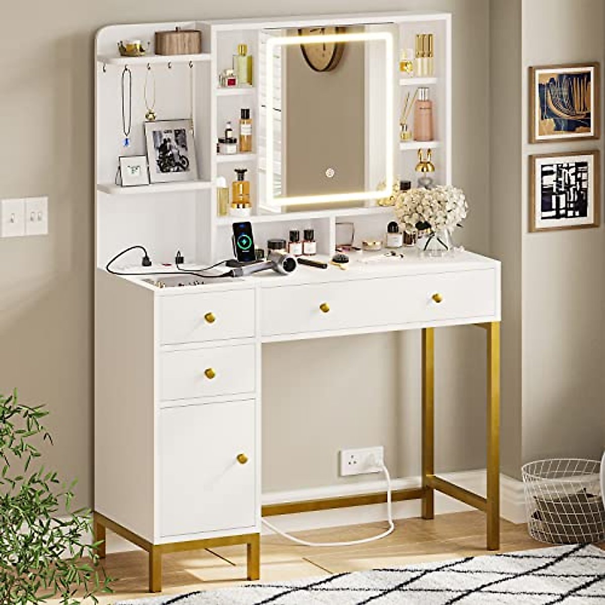Makeup Vanity with Lights, Vanity Desk with Openable Mirror & 3-Color Dimmable, White Vanity Table with Charging Station, Makeup Desk with Visual Drawer, Hooks, Hidden and Open Storage Shelves