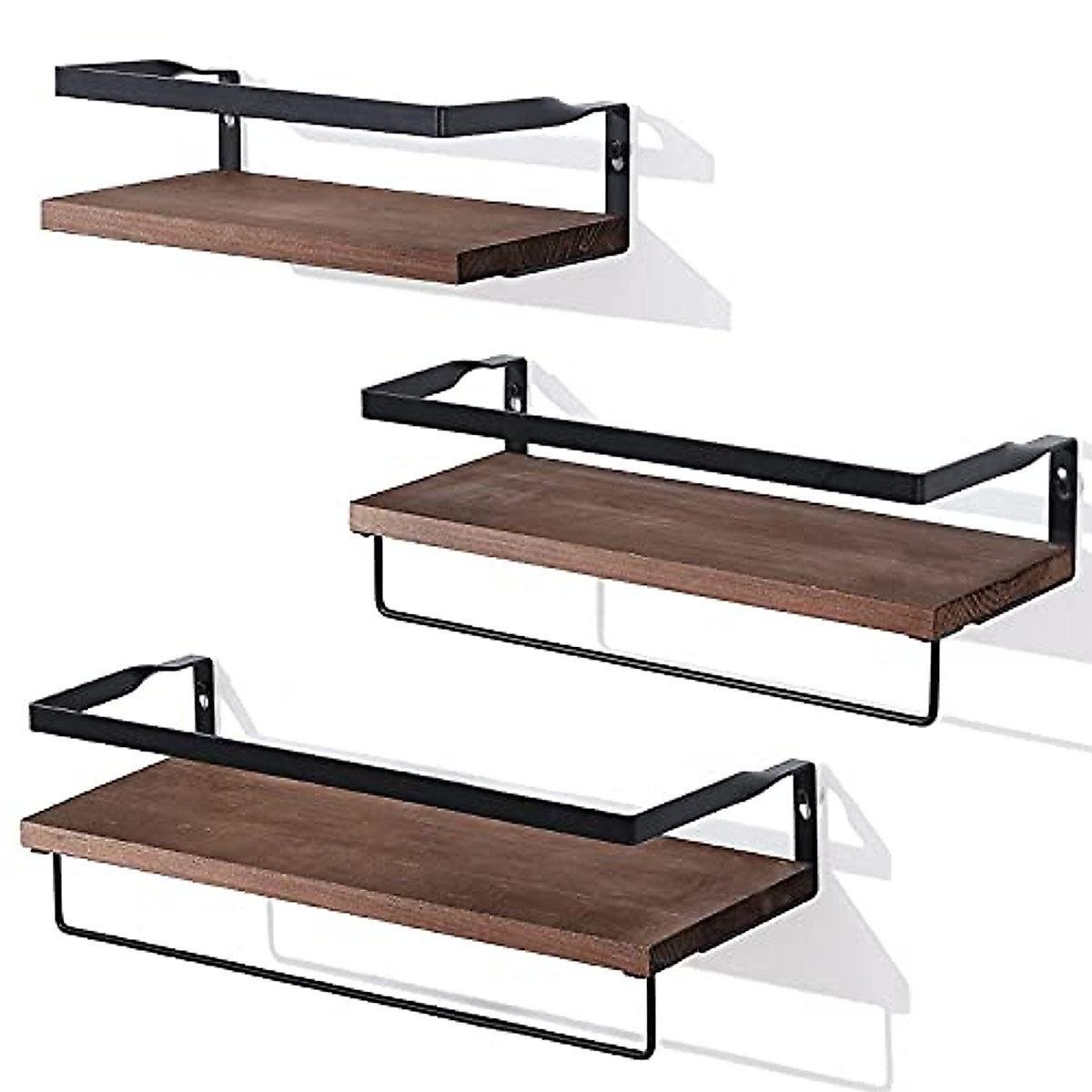 AOZITA 3 Set PRE-Assembled Floating Bathroom Shelves with 2 Towel Bars, Wall Mounted Storage Wood Shelf, Rustic Decor Accessories for Bathroom, Kitchen, Bedroom, Office, Over Toilet - Brown