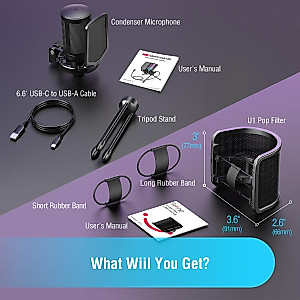 FIFINE Gaming USB Condenser Microphone with Pop Filter Bundle, Quick Mute, RGB Indicator, Tripod Stand, Shock Mount, Gain Control for Streaming YouTube Videos(A6V+U1)