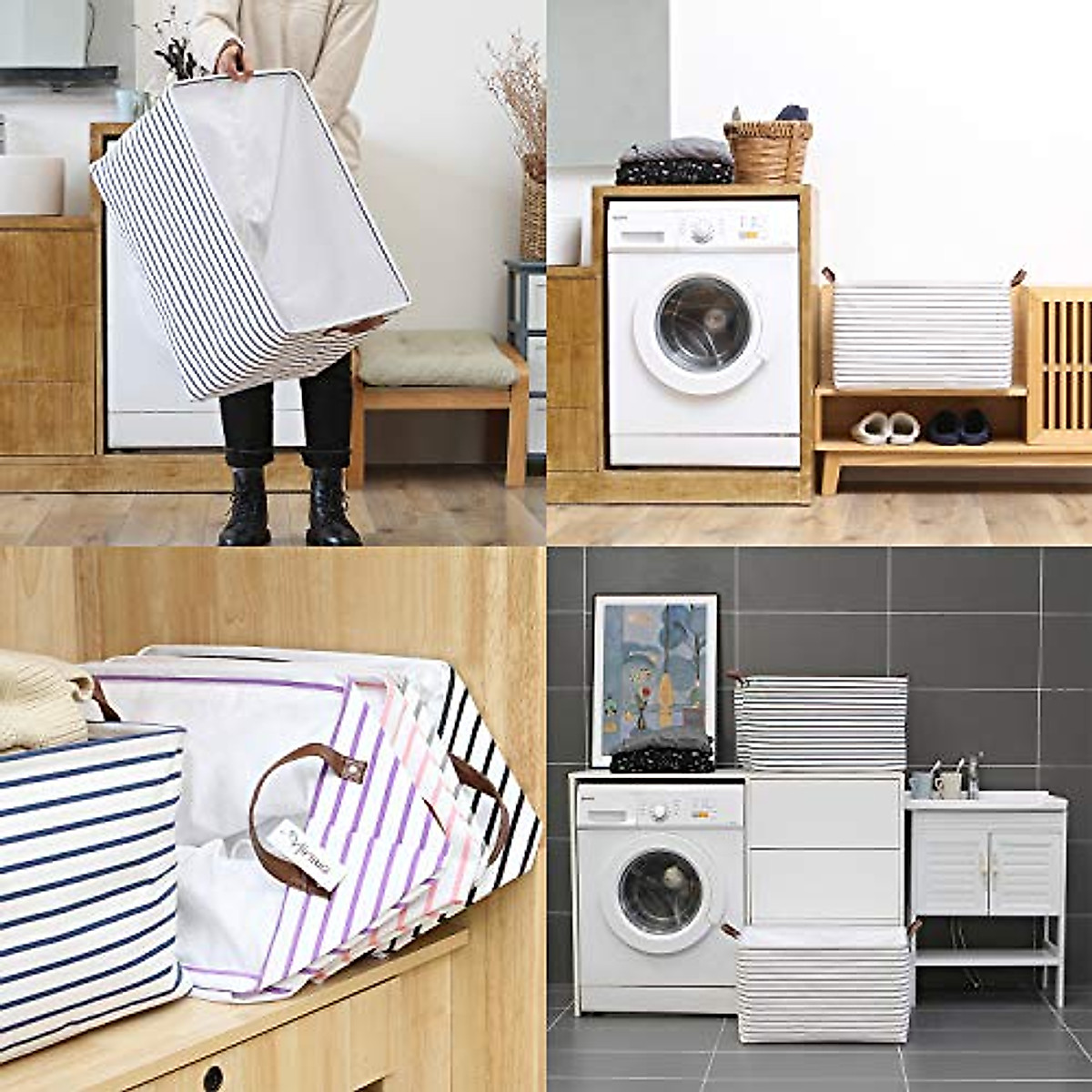 Hinwo 2-Pack Extra Large Canvas Fabric Storage Baskets with Handles, 70L Oversized Storage Bins, Collapsible Storage Box, Clothes, Toys, Blankets Organizers, 22 x 15 x 13 inches, (Grey Stripe)