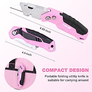TOPLINE Folding Pink Utility Knife, Pocket Folding Pink Box Cutter, Blade Storage Design, 18-Piece SK5 Blades and a Dispenser Included (1 PACK(PINK))