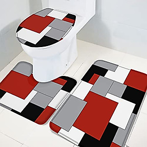 Bathroom Rugs, Memory Foam Bath Mat Bathroom Set, Red Grey Black Abstract Color Block Bath Rugs Bathroom Accessories, Home Decor Non-Slip Absorbent Soft Bath Mats for Bathroom, Tub, 3 Pieces