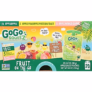 GoGo squeeZ Fruit on the Go Variety Pack, Apple, Mango Guava & Pineapple Passionfruit, 3.2 oz (Pack of 20), Unsweetened Snacks for Kids, No Gluten, Nut Dairy, Recloseable Cap, BPA Free Pouches