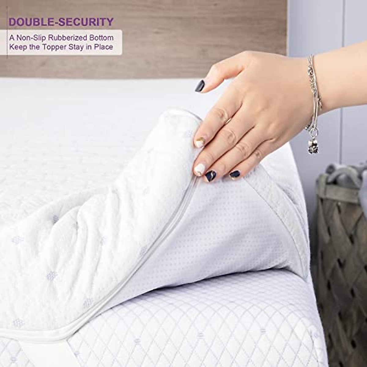 Mattress Topper Cover Queen, Lavender Infused Premium Bamboo Zippered Cover for Mattress Topper with Adjustable Straps, Ferlizer 3 Inch Queen Mattress Topper Protector