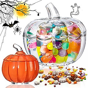 Dandat 2 Pcs Halloween Glass Pumpkin Jar with Lid 2 Sizes Halloween Candy Bowl Cute Snack Jar Crystal Candy Dish for Home Decoration Fall Thanksgiving Centerpieces Wedding Party, Clear and Orange