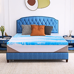 Opoiar 2 Inch Cooling Gel Memory Foam Mattress Topper in a Box, Medium Firm Mattress Topper for Pressure Relief & Temperature Regulation,CertiPUR-US Certified, Blue&White(Queen)