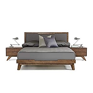 Limari Home Maurice Collection Bedroom Mid-Century Veneer Finished & Fabric Upholstered Bed, California King, Gray, Walnut