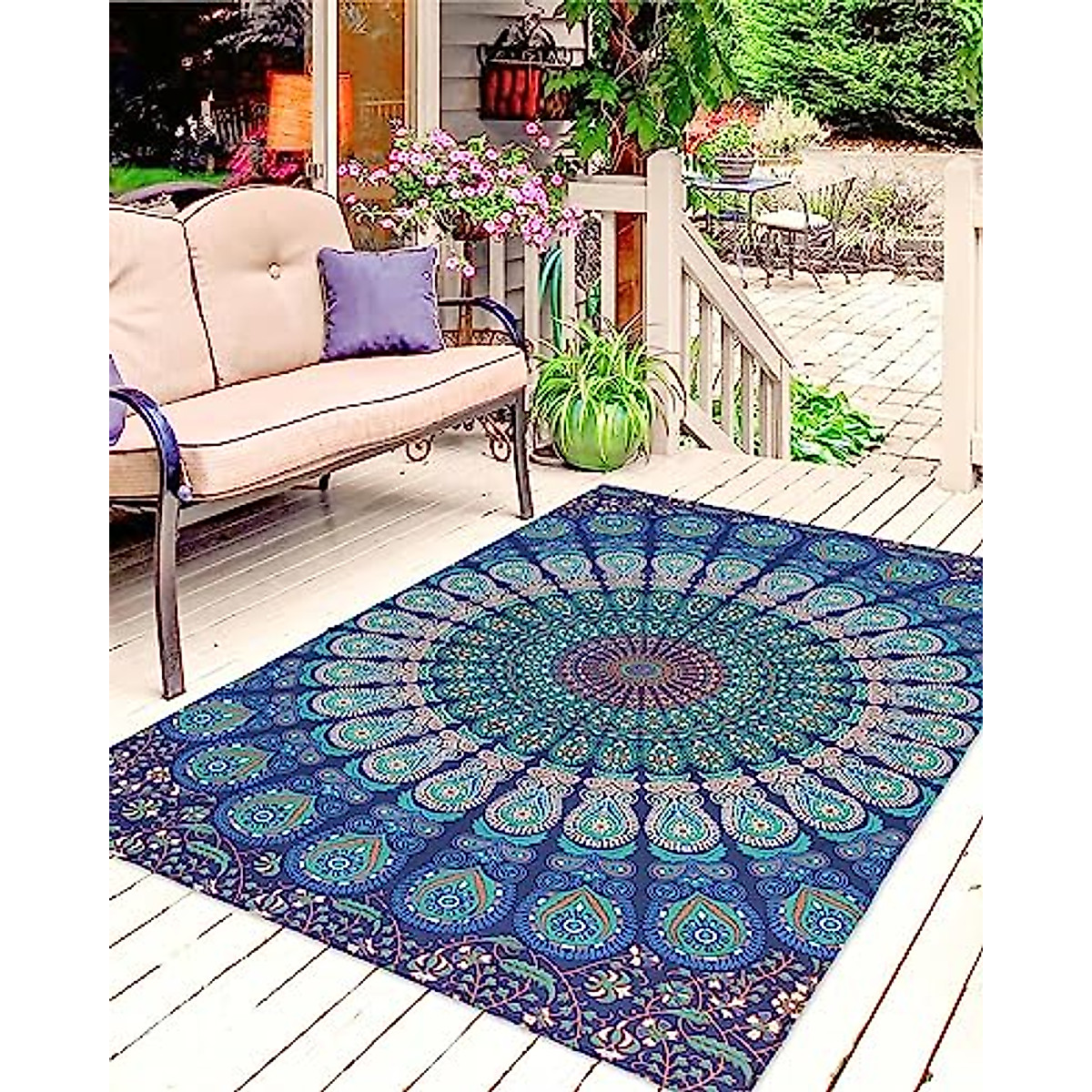 Outdoor Rugs Mandala Flower Reversible Mats Non Slip Carpet Indoor Outdoor Area Rug with Rubber Floral Pattern Non-Slip Outdoor Carpet Camping RV Rug/Deck Rug/Porch Rug 6x9 ft