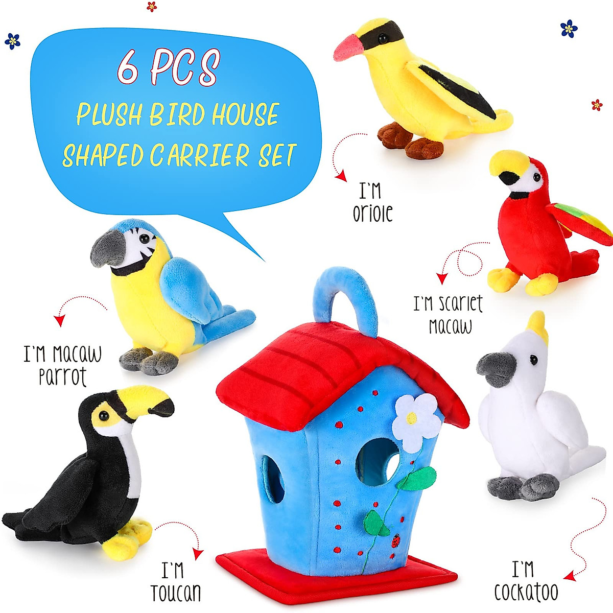 Skylety 5 Pcs Bird Stuffed Animal with Plush Bird House Bird Plush Toy Cockatoo Macaw Parrot Red Macaw Oriole Toucan for Animal Themed Birthday Party Toys