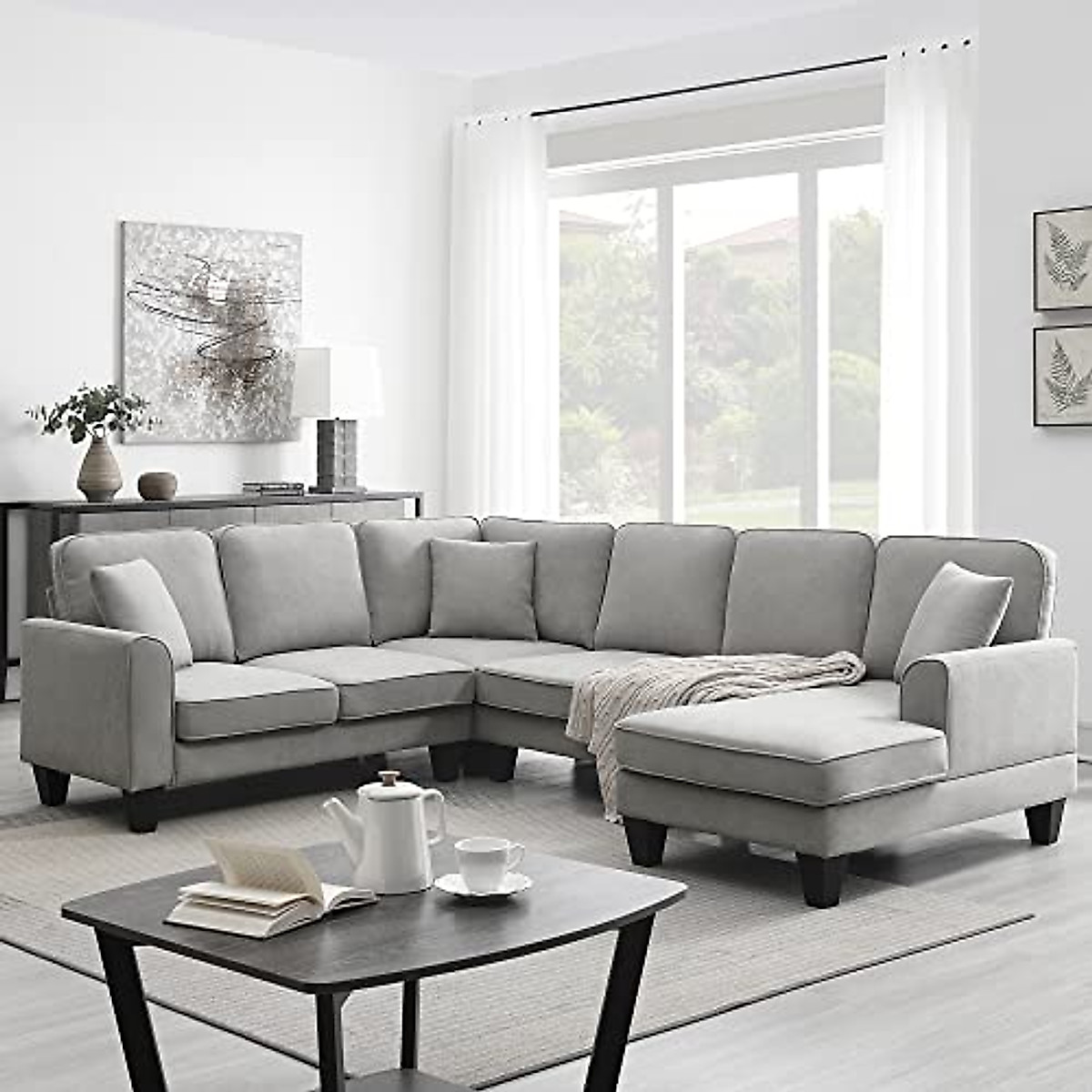 FANYE Modern U-Shaped Upholstered Left Chaise Lounge Sectional, 7 Seaters Sofá Oversized Corner Sofa & Couch with 3 Pillows and Square Plastic Legs for House,Apartment, Office Living Room, Dark Gray