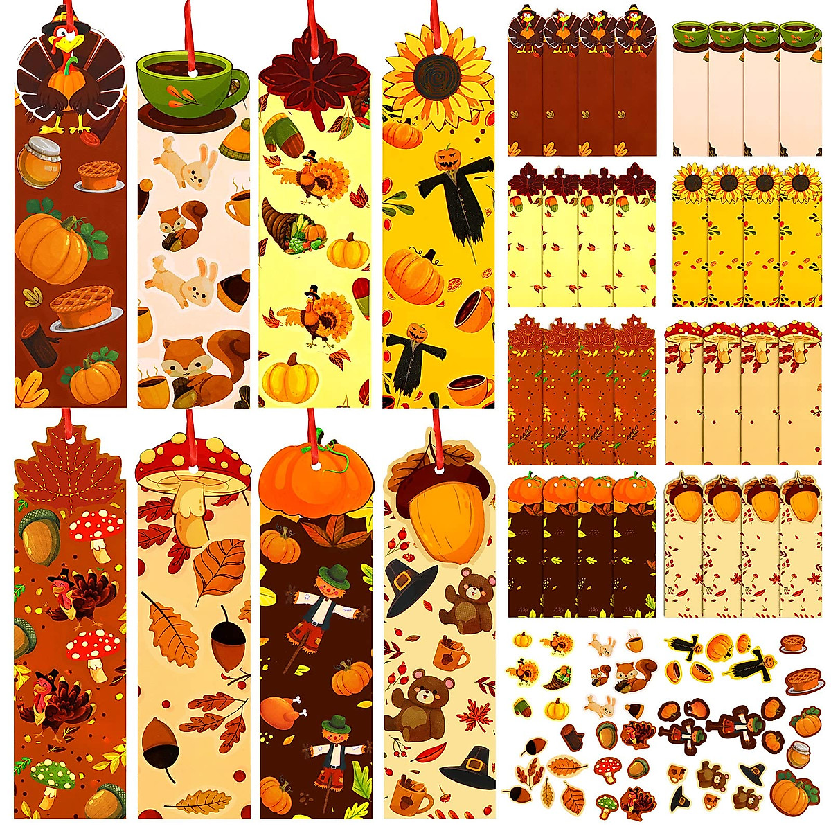 Spiareal 24 Sets Fall Decor Autumn DIY Bookmarks for Kids Thanksgiving Fall Craft Kits Paper Blank Bookmarks Art Set with Maple Leaves Turkey Acorn Mushroom Sunflower Pumpkins Stickers for Art Kit