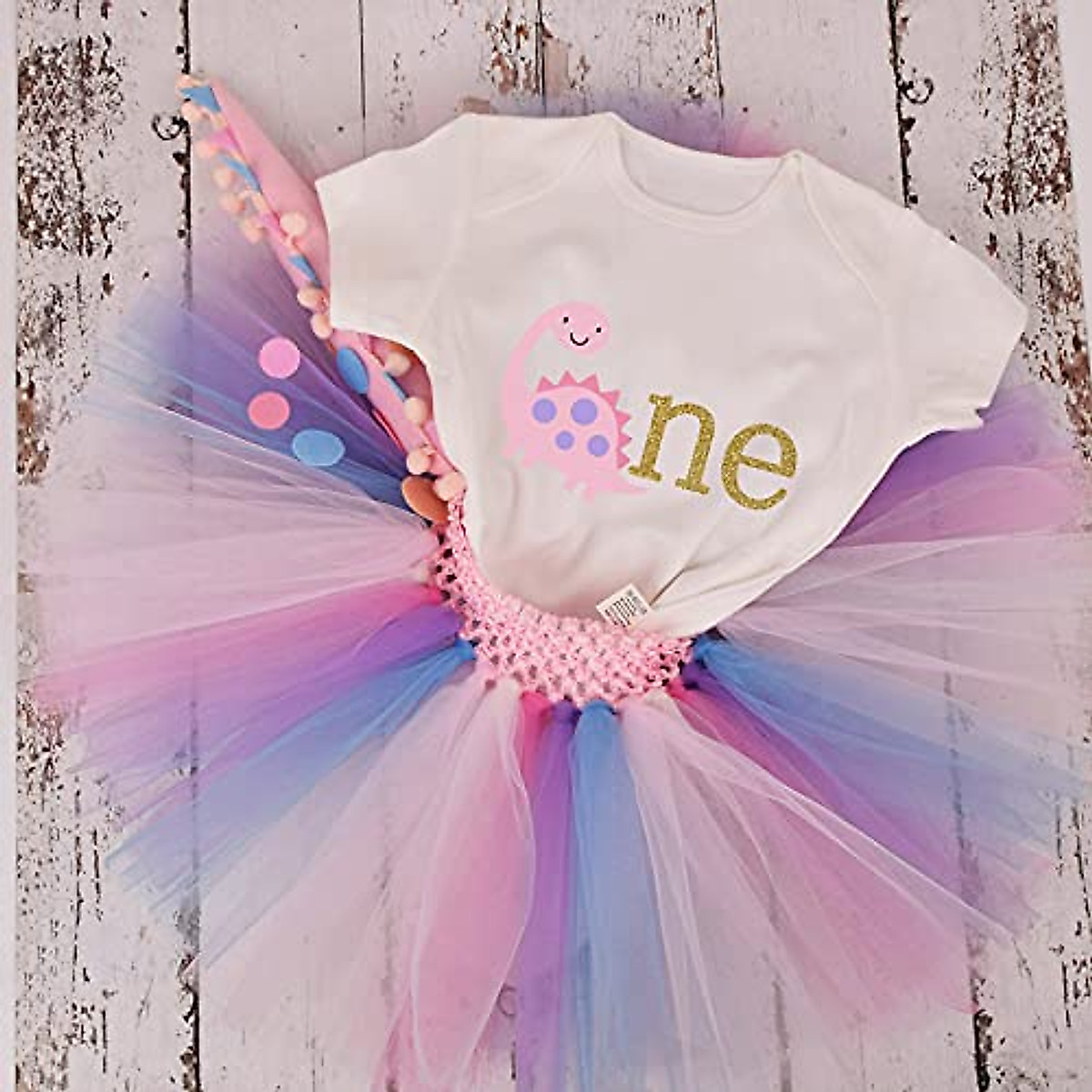 Gouldianfinch Infant Baby Girls 1st Birthday Outfits Dinosaur Printed Romper + Tutu Skirt with Tail Toddler Princess Dress (12-18M)