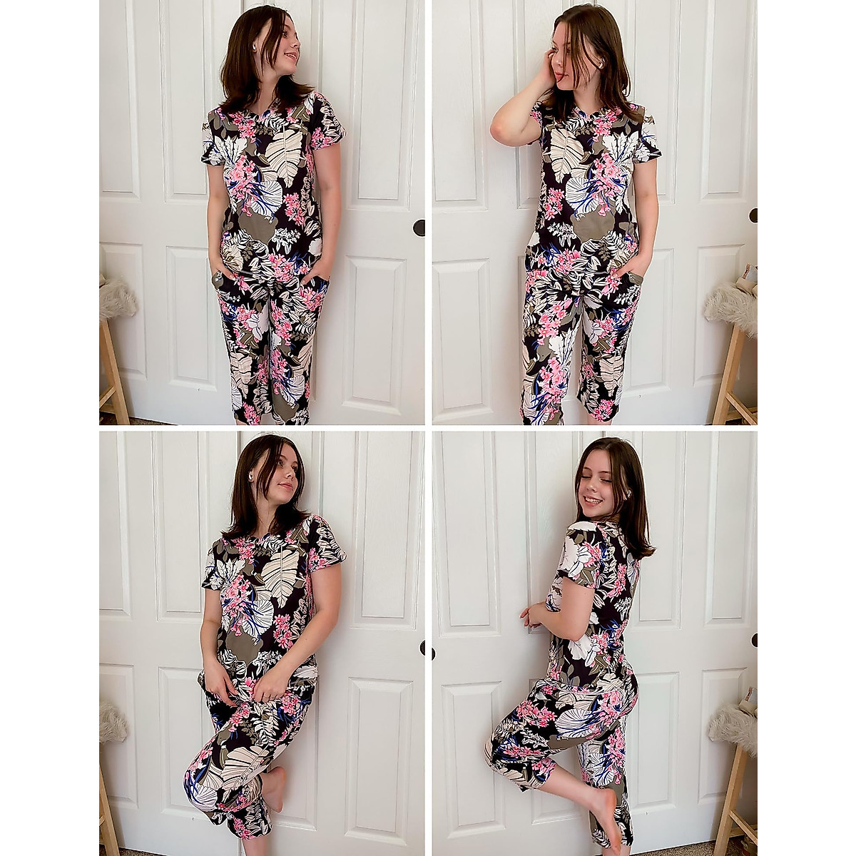 Ekouaer Women's Sleepwear Capri Pajama Sets Short Sleeve Two-Piece Pjs V Neck Tops & Capri Pants with Pockets S-3XL