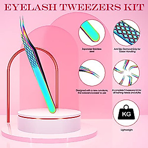 7 Pcs Eyelash Extension Tweezers Set Diamond Grip Lash Tweezer for Eyelash Extensions Japanese Stainless Steel Straight and Curved Tip Precision Tweezers Kits for Profession and Beginner (Colorful)