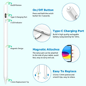 Stylus Pen for iPad 9th&10th, Apple Pencil 2nd Gen with Palm Rejection & Fast Charge, Ipad Pencil Compatible with Apple iPad 8th/7th/6th Gen, iPad Air 5/4/3 Gen,iPad Pro 11 & 12.9, iPad Mini 6/5