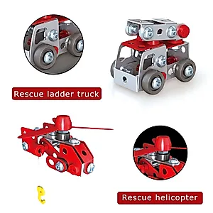 IRON COMMANDER Mini Erector Sets Metal Building Blocks Learning Set - Build Your Own Micro Model Car Kit STEM Toys Kits Erector Sets for Kids 8+ Year Old (Fire Trucks Series)