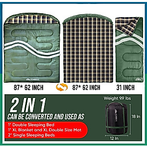 IFORREST Cotton Flannel Double Sleeping Bag for Adults - 10°F Cold Weather Extra-Wide - Winter Camping Bed for Couples (All Seasons) - 2 Person Queen-SizeXXL