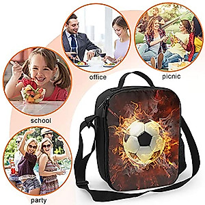 PrelerDIY Fire Soccer Lunch Box - Insulated Lunch Bag for Kids with Side Pocket & Shoulder Strap Snack Bags, Perfect for School/Camping/Hiking/Picnic/Beach/Travel
