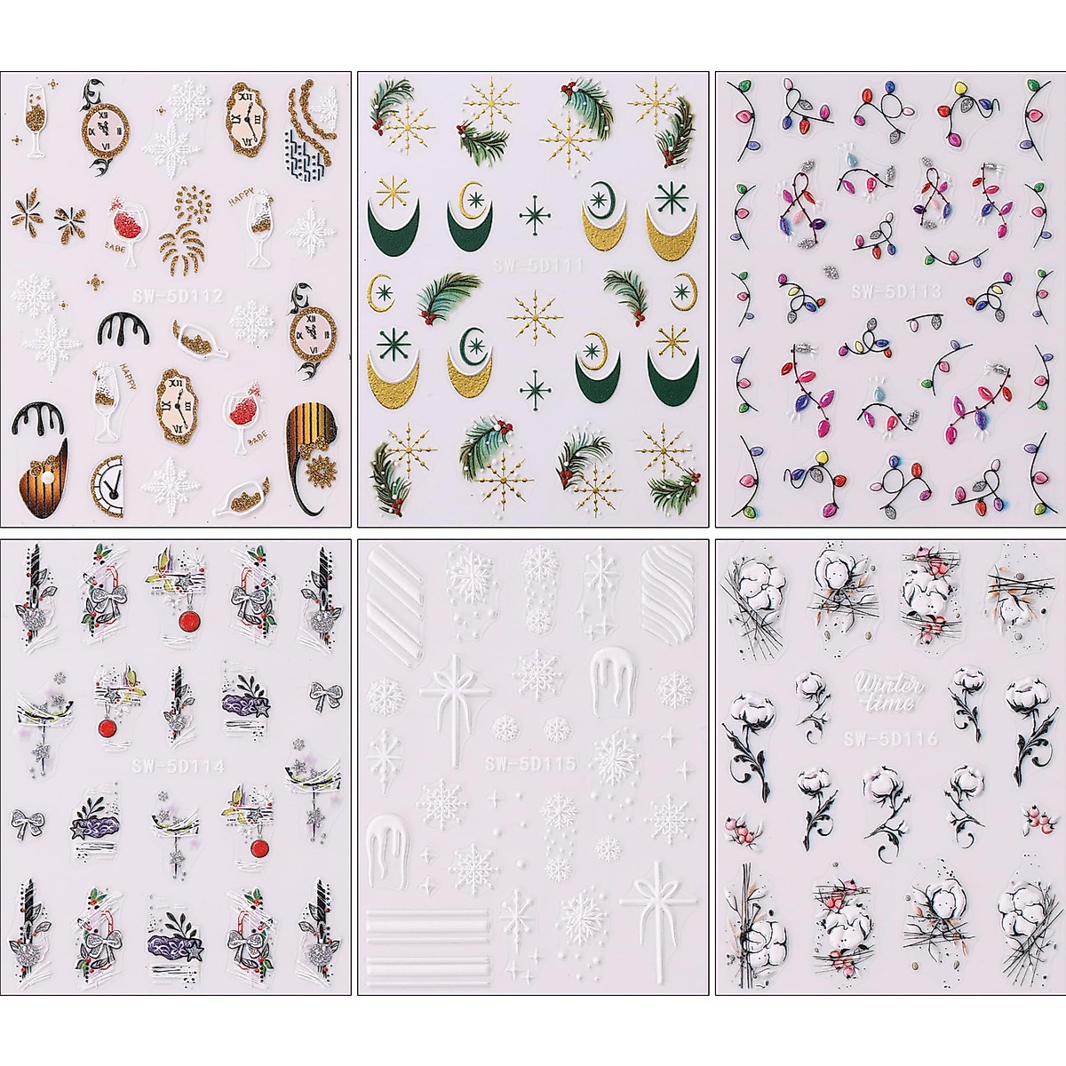 JMEOWIO 6 Sheets 3D Embossed Glitter Christmas Nail Art Stickers Decals Self-Adhesive Pegatinas Uñas 5D Snowflake New Year Xmas Winter Holiday Nail Supplies Nail Art Design Decoration Accessories