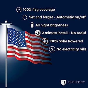 HOME DEPUTY Solar Flag Pole Light - Solar Flag Light - 111 led - Brightest Outdoor flagpole Light for Most in-ground flagpoles - Dusk to Dawn Lighting Power - Pole Topper - Rechargeable Battery