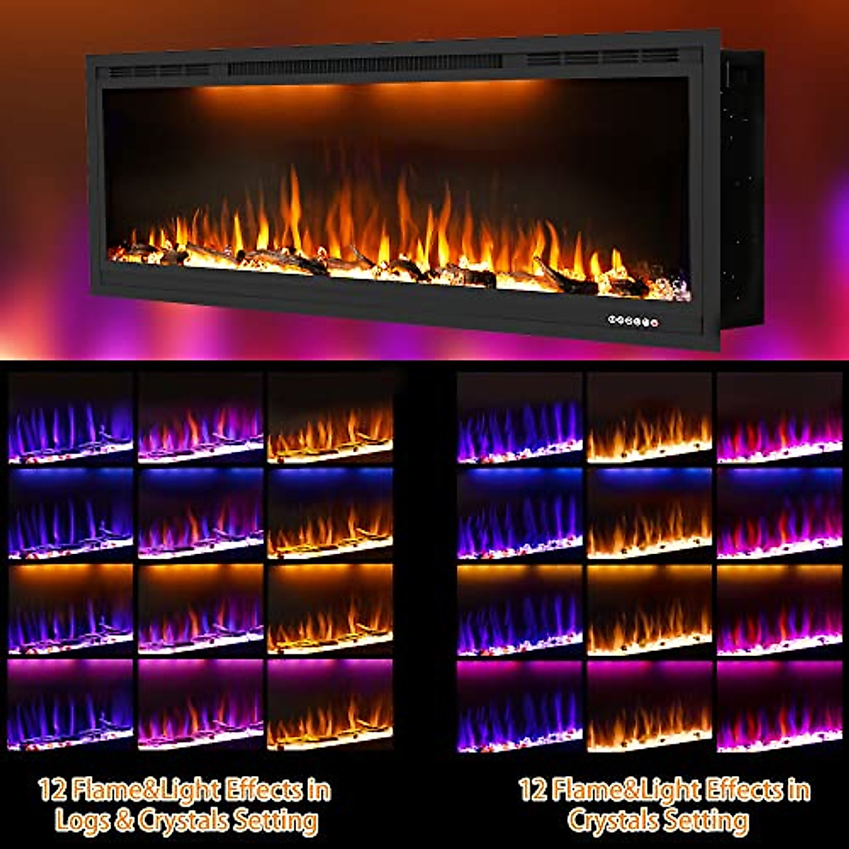 Dreamflame Electric Fireplace 42 inch, Recessed Wall Mounted Fireplace Heater, Linear in-Wall Fireplace, Logs & Crystal Options, 750/1500W, Black (42")