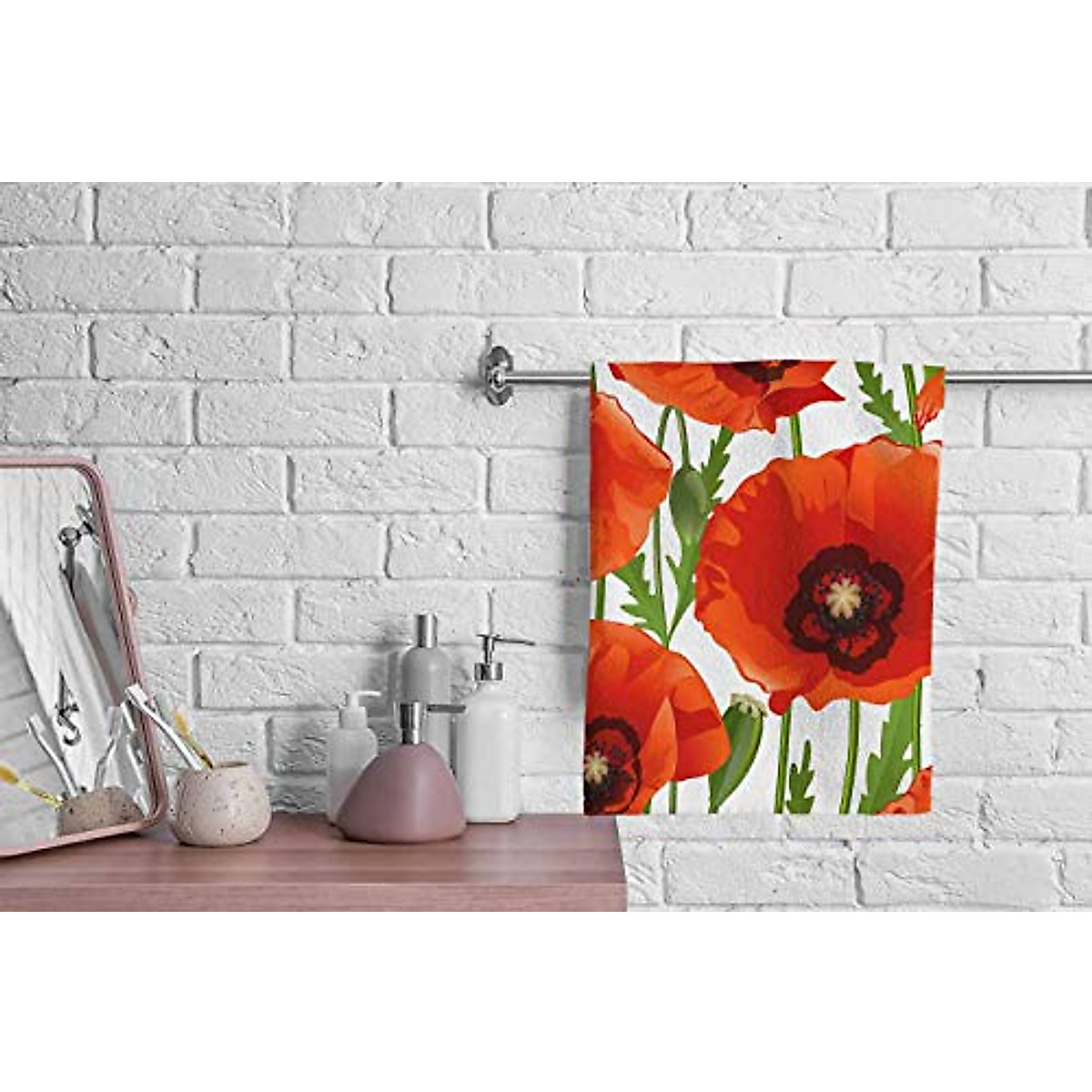 oFloral Red Poppy Floral Hand Towels Cotton Washcloths,Nature Botanical Plant Poppy Flower Bud Leaf Soft Towels for Bathroom/Kitchen/Yoga/Golf/Hair/Face Towel for Men/Women/Girl/Boys 15X30 Inch