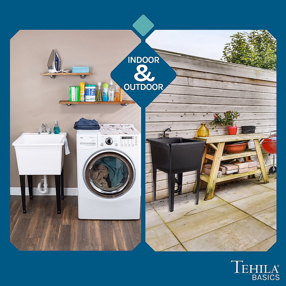 Tehila Basics by JS Jackson Supplies 21-Gallon Black Freestanding Utility Sink with Black 2-Handle Faucet, Heavy Duty Plastic Laundry Tub with Adjustable Legs