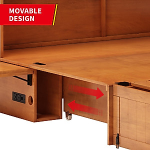 MUZZ Queen Size Cabinet Murphy Bed, Murphy Bed with Foldable Foam Mattress, Space-Saving Cube Murphy Bed with Charging Station and Large Storage Drawer (Cherry)