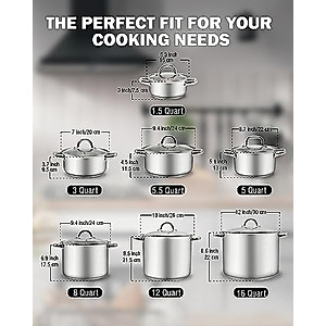 Cook N Home Sauce Pot Stainless Steel Stockpot with Glass Lid, Basic Saucier Casserole Pan Set, 6-Piece