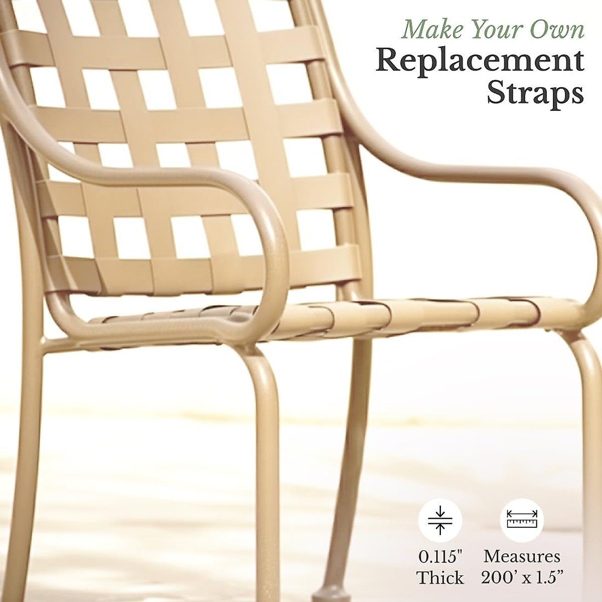 1.5" Wide x 200' Roll Vinyl Strap for Patio Chairs, Lawn Furniture, and Deck Chairs, Make Your Own Replacement Straps, (Dove Beige)