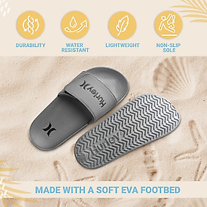 Hurley Naia Slides for Girls and Boys, Slip-On Kids Slippers with Adjustable Strap, Kid's Sandals for Indoor and Outdoor, Adjustable Sporty Slides for Kids, Eva Footbed Shower Slides, Grey