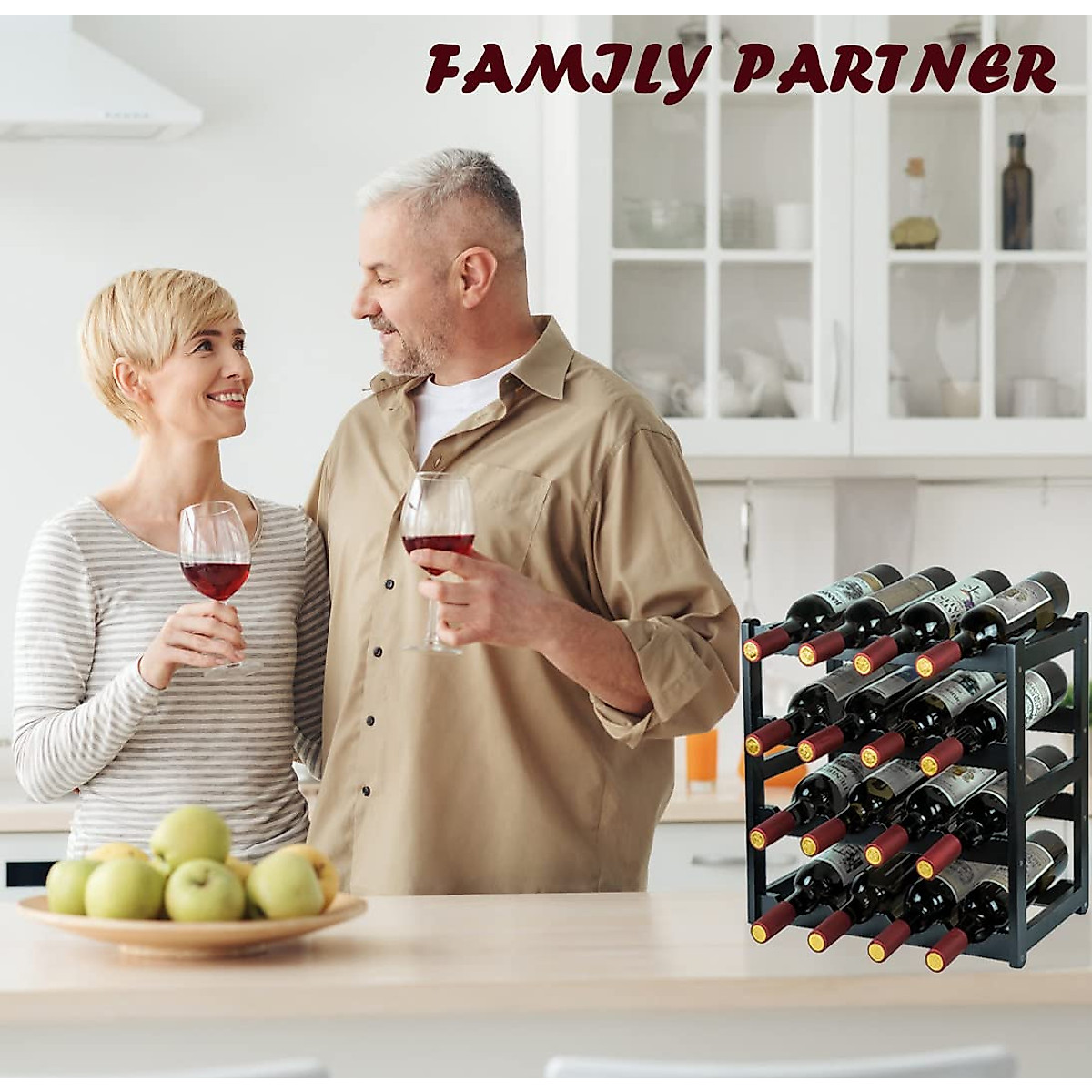 Homevany Bamboo Wine Rack, Sturdy and Durable Wine Storage Cabinet Shelf, Wine Racks Countertop for Pantry - 4 Tiers 16 Bottle Wine Rack Black