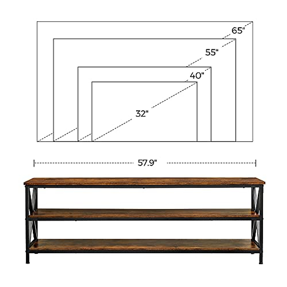 VASAGLE TV Stand for up to 65 Televisions, Media Console with Shelves, 3-Tier Storage, and X-Shape Steel Frame, 57.9 x 15.7 x 19.7 Inches, Rustic Brown