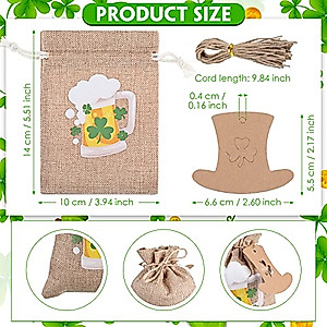 24 Pack St. Patricks Day Burlap Gift Bags Saint Patrick's Day Party Favor Bags Irish Shamrock Burlap Bags Rustic Small Treat Bags with Drawstring Gift Tag and Rope for St. Patricks Day Party Supplies