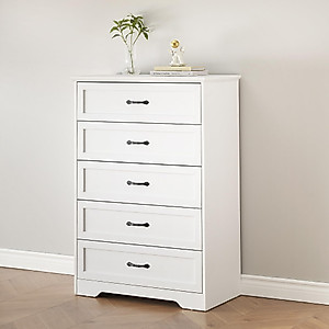 coucheta 5 Drawers Dresser, Chest of Drawer with Metal Handle, Modern Dresser with Large Storage Space, Farmhouse Wood Dresser for Bedroom, Living Room, Hallway, White