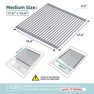 Ohuhu Over Sink Dish Drying Rack 17.6" L x 15.4" W Large Roll Up Drainer Foldable Rolling Mat Dryer Roll Out RV Drain - Silicone Coated Steel Multipurpose Space Saving for Kitchen Counter Anti-Slip