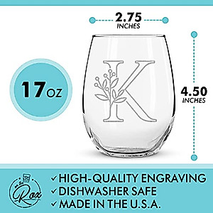 On The Rox Drinks Monogrammed Gifts For Women and Men - Letter A-Z Initial Engraved Monogram Stemless Wine Glass - 17 Oz Personalized Wine Gifts For Women and Men (K)
