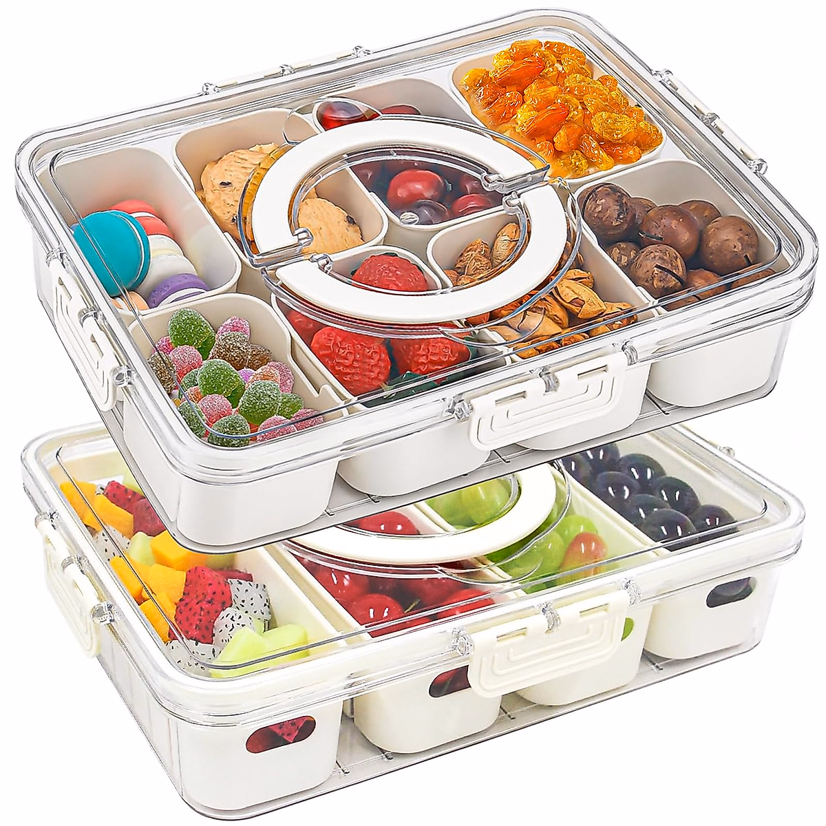 2 Pack Divided Serving Tray with Lid and Handle, 12 Compartments Snackle Box Charcuterie Container for Portable Snack Platters Clear Organizer for Candy Fruits Veggie Snacks Party Entertaining Picnic