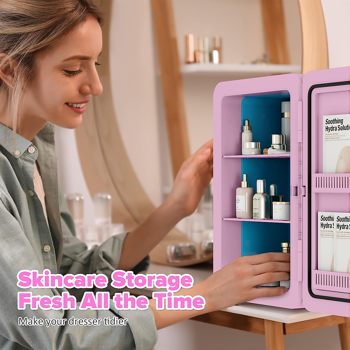 Kikihuose 22L/30Cans Mini Fridge for Bedroom, 12v DC Portable Cooler & Warmer, Mini Refrigerator with Glass Front, for Car Office Desk & Dorm Room Beverage Skincare Makeup (Fast Cooling Pink)